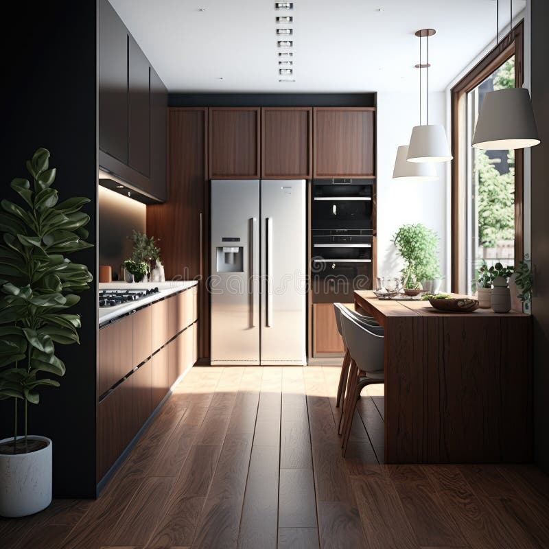 3d Rendering Modern Dark Wood Kitchen Generative AI Stock Illustration ...