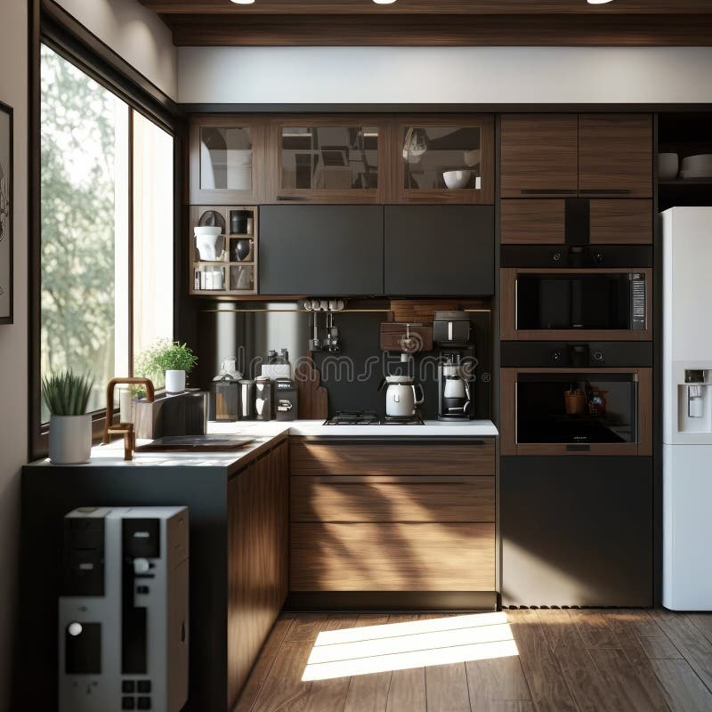 3d Rendering Modern Dark Wood Kitchen Generative AI Stock Illustration ...