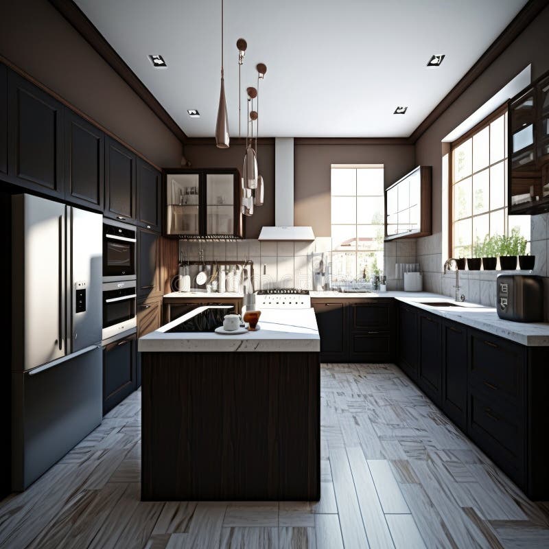 3d Rendering Modern Dark Wood Kitchen Generative AI Stock Illustration - Illustration of room ...