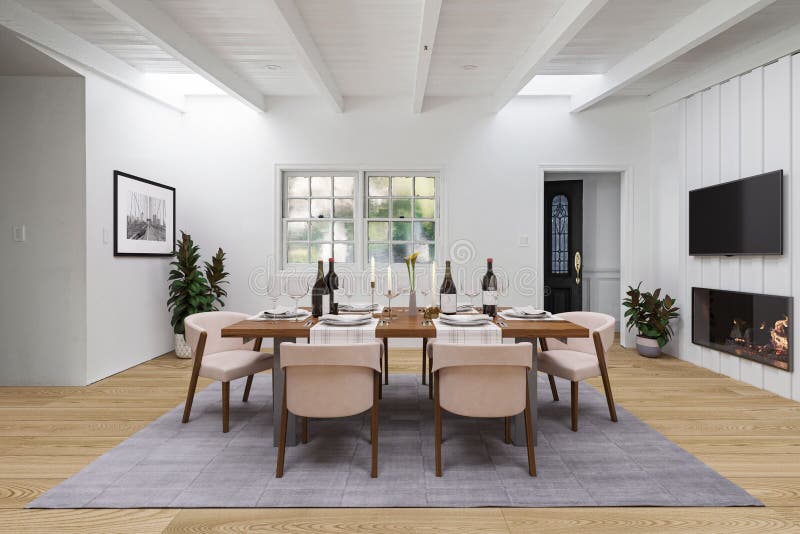 3D Rendering of a Modern Dining Room Interior with a Large Wooden ...