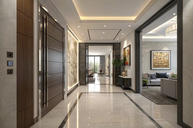 Modern Hallway with Open Door 3D Render Stock Illustration ...