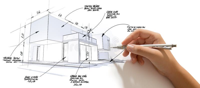 Hand Drafting a White Villa with Pool Stock Image - Image of furniture ...