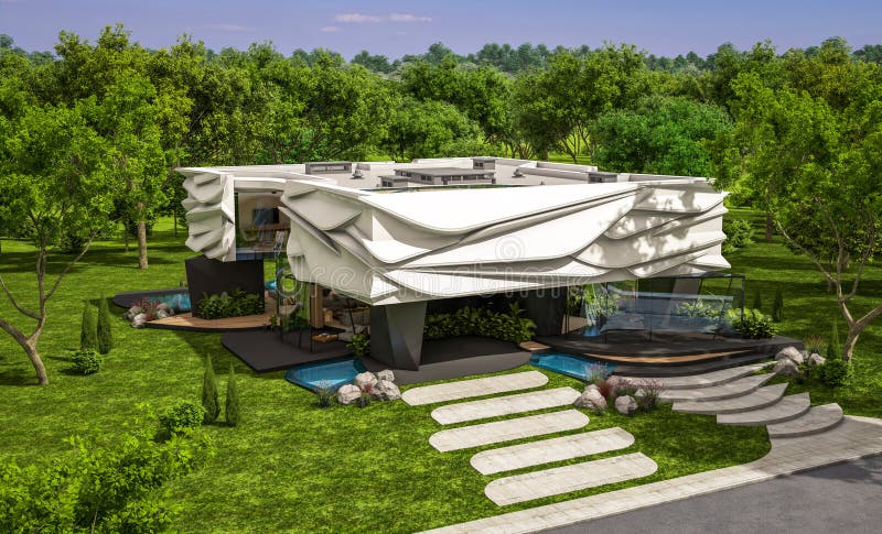3d Rendering of Modern House with Bionic Natural Curves Plastic Forms ...