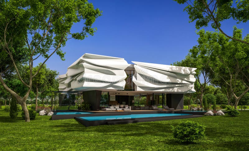 3d Rendering of Modern House with Bionic Natural Curves Plastic Forms ...