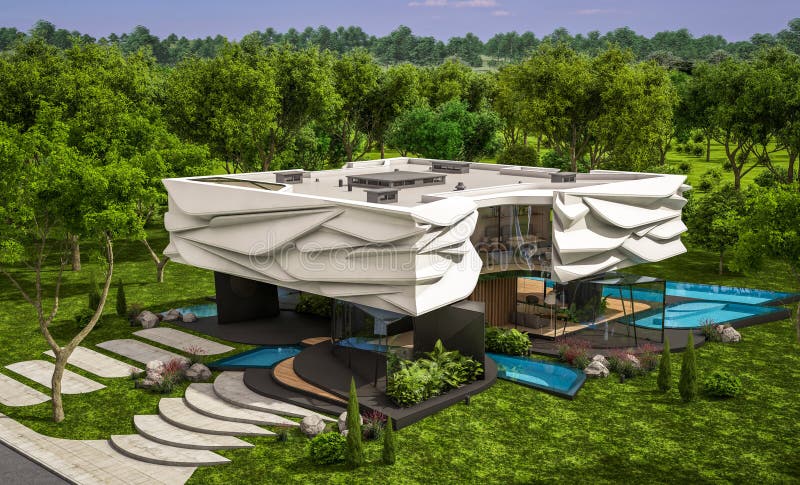 3d Rendering of Modern House with Bionic Natural Curves Plastic Forms ...