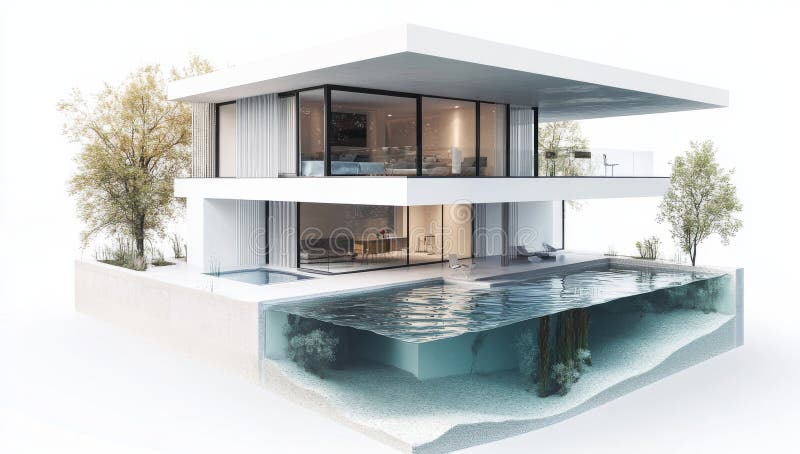 3D Rendering of a Modern House Cutaway, Showing an Underground Water ...