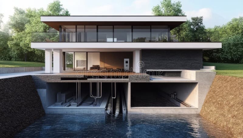 3D Rendering of a Modern House Cutaway, Showing an Underground Water ...