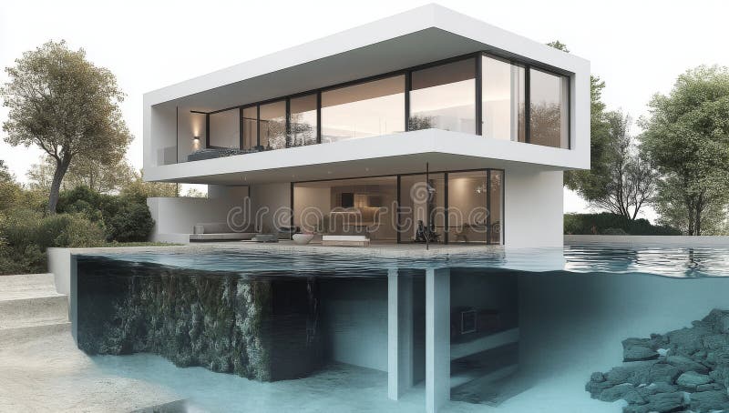 3D Rendering of a Modern House Cutaway, Showing an Underground Water ...
