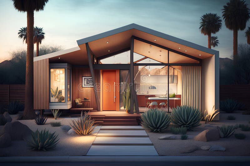 3D Rendering of a Modern House in the Desert with Palm Trees Stock ...