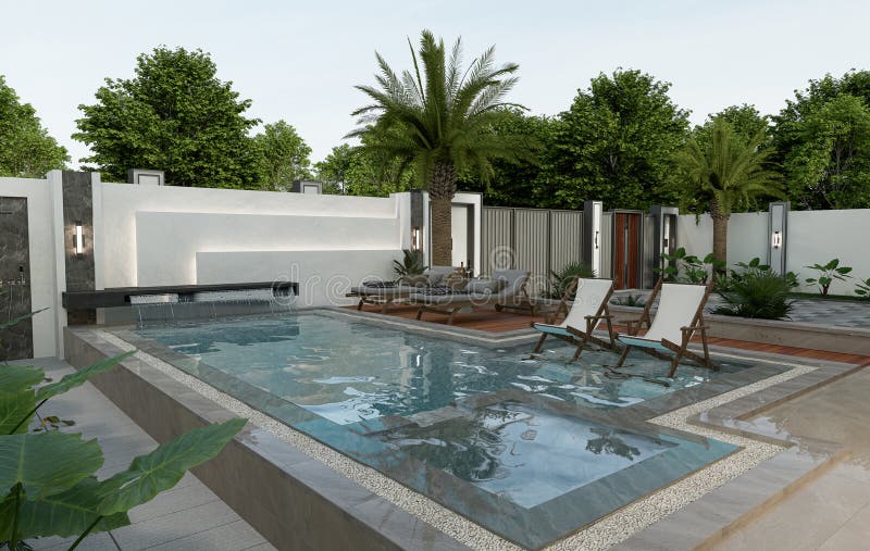 3D Rendering Modern House Exterior with Swimming Pool. Stock ...