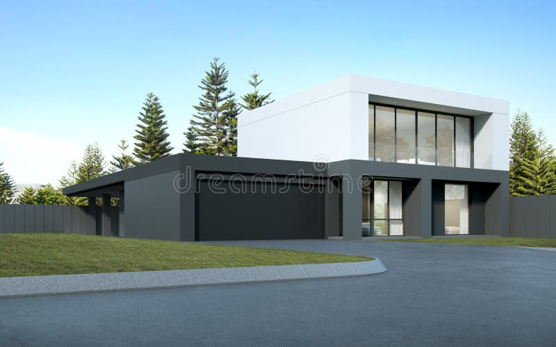 3d Rendering of Modern House with Garage on Tree Background Stock ...