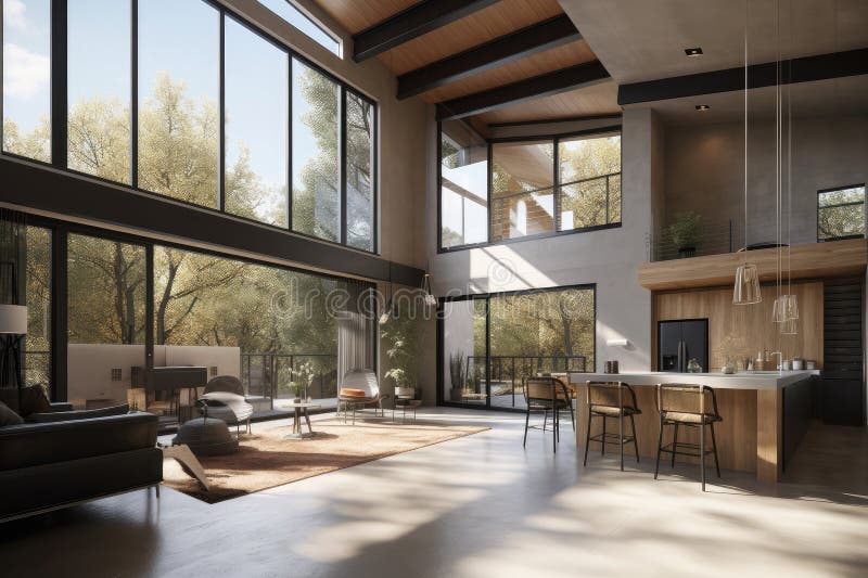 3d Rendering of Modern House, with High Ceilings and Large Windows ...