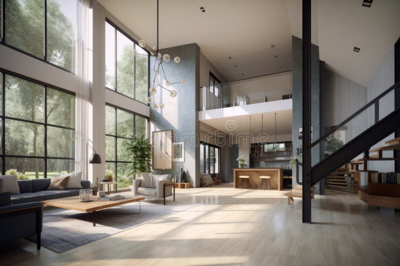 3d Rendering of Modern House, with High Ceilings and Large Windows ...