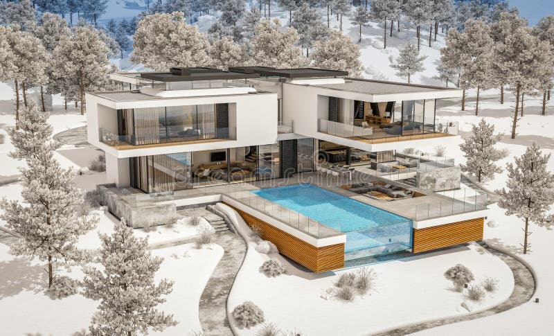 3d Rendering of Modern House by the River in Winter Stock Photo - Image ...
