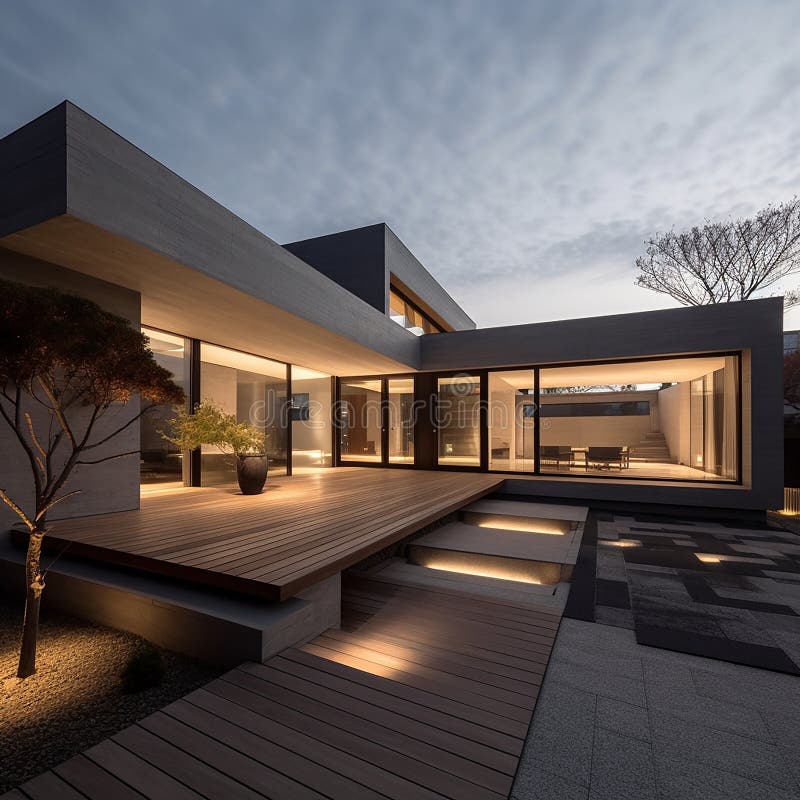 3D Rendering of a Modern House with a Terrace and Garden Stock ...