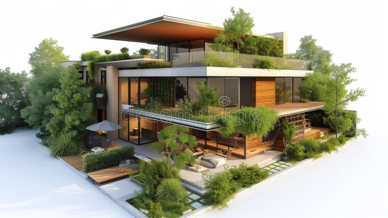 A 3d Rendering of a Modern House with Trees and Plants, AI Stock ...