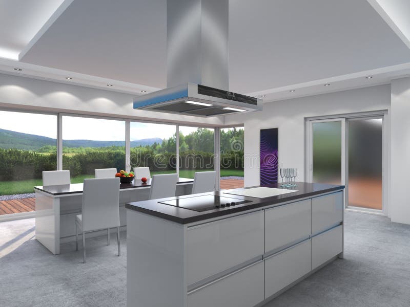 3D Rendering Modern Kitchen Stock Illustration - Illustration of cooker ...
