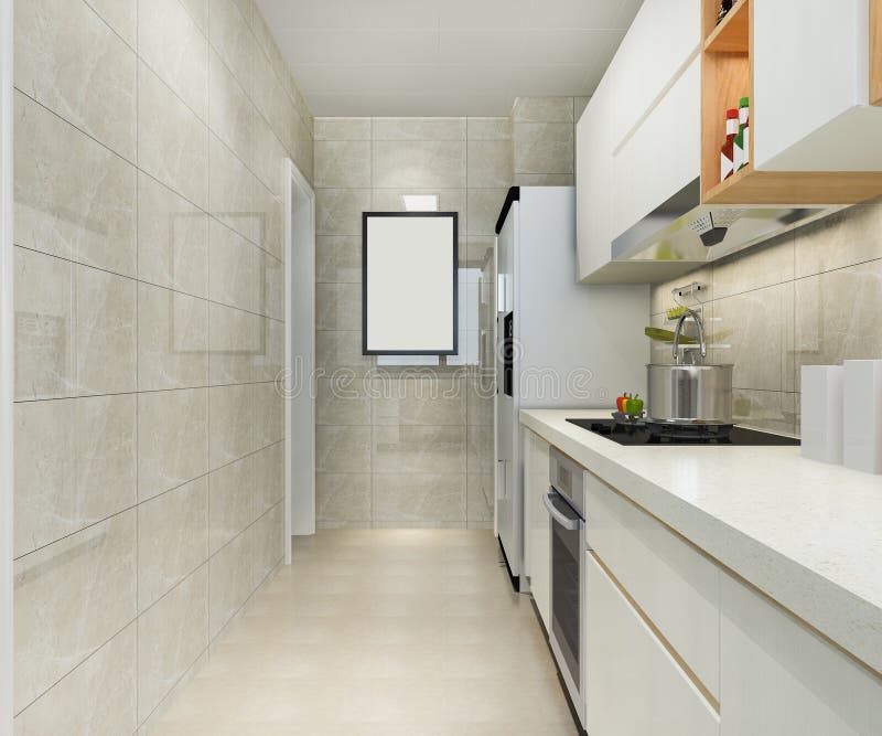 3d Rendering Modern Kitchen Counter with White and Biege Design Stock ...