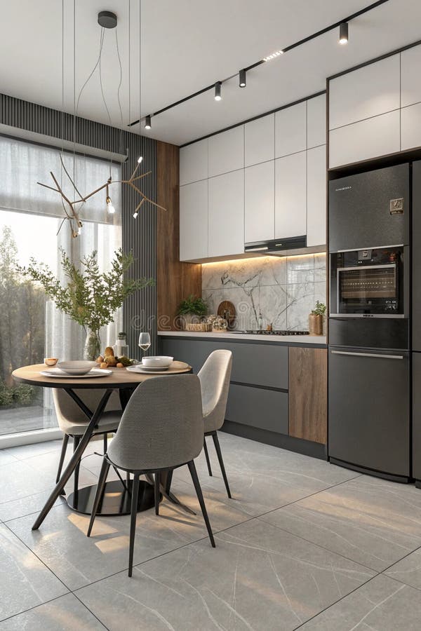 3D Rendering of a Modern Kitchen with Dining Table and Chairs Stock ...