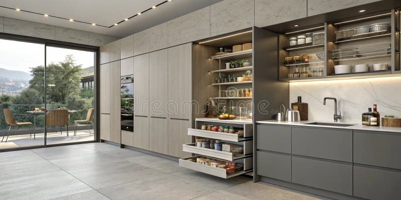 3D Rendering of Modern Kitchen with Opened Shelf Cabinets Stock ...