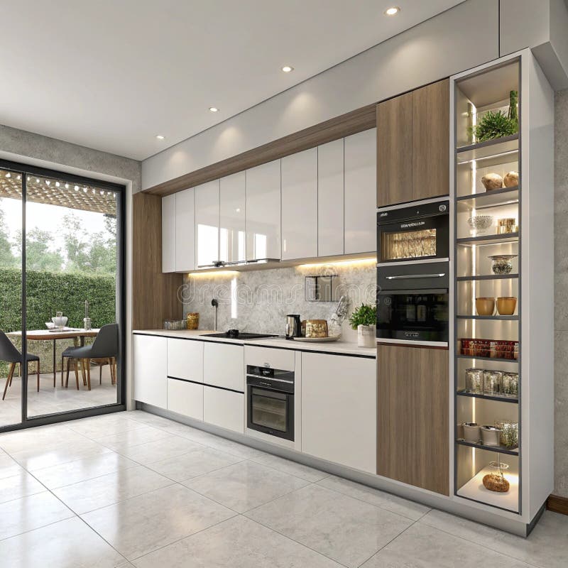 3D Rendering of Modern Kitchen with Opened Shelf Cabinets Stock Photo ...