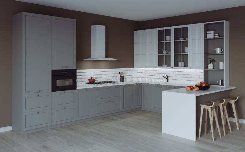3D Rendering of a Modern Kitchen. Kitchen with Frame Facades Stock ...