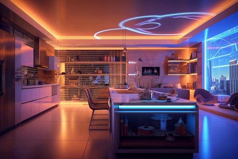 3D Rendering of a Modern Kitchen Interior Design. Neon Night Lighting ...