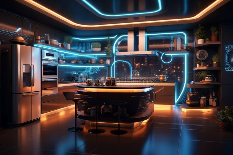 3D Rendering of a Modern Kitchen Interior Design. Neon Night Lighting ...