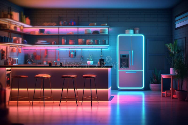 3D Rendering of a Modern Kitchen Interior Design. Neon Night Lighting ...