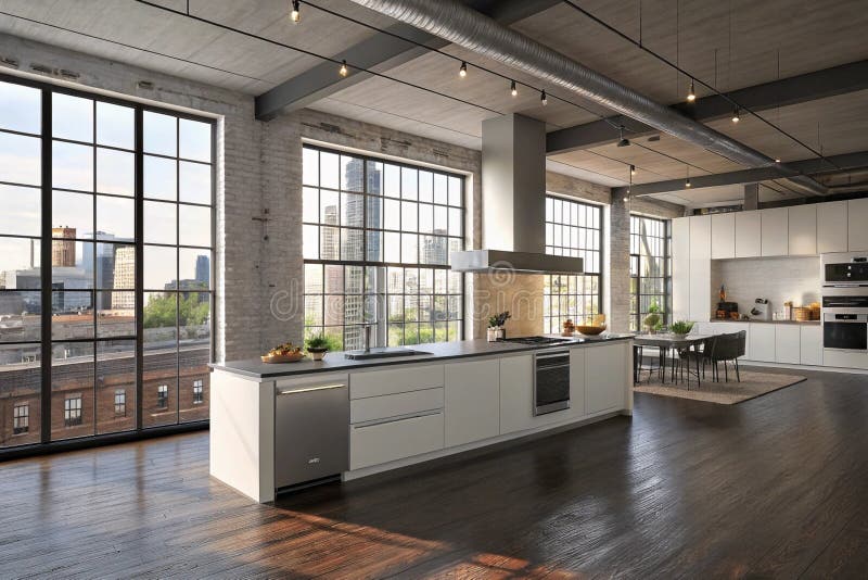 3D Rendering of Modern Kitchen in a Loft Stock Illustration - Illustration of realistic, mockup ...