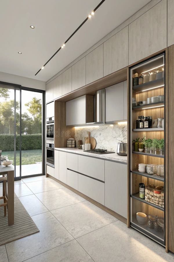 3D Rendering of Modern Kitchen with Opened Shelf Cabinets Stock Photo ...