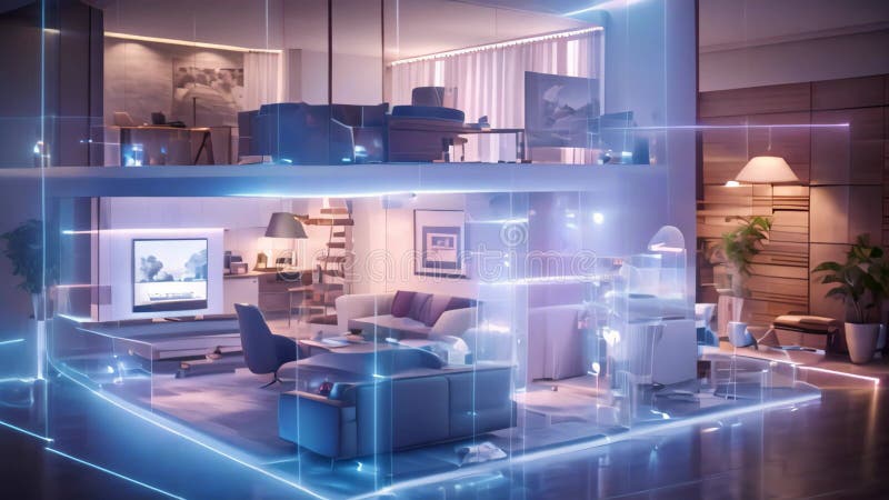 3d Rendering of a Modern Living Room with a Computer on the Wall, a ...
