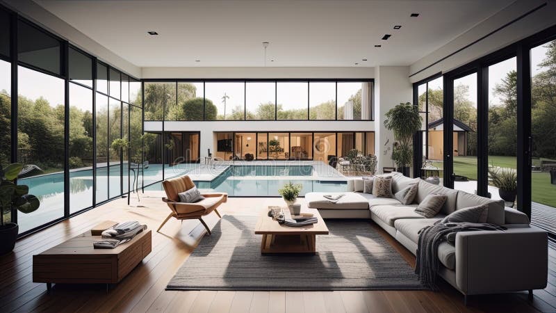 3d Rendering of a Modern Living Room with a Swimming Pool Stock ...