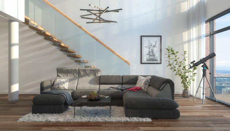 3d Rendering of a Modern Loft - with Large Window Stock Illustration ...