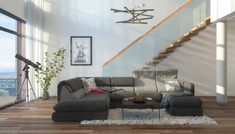 3d Rendering of a Modern Loft - with Large Window Stock Illustration ...