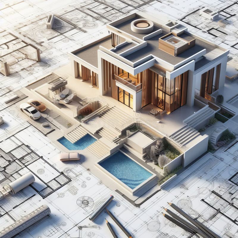 3D Rendering of a Modern Luxury House with a Pool and Garden, Set on ...