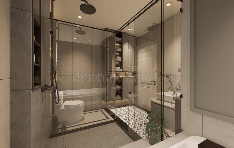3D Rendering Modern Master Bathroom Full Scene Interior Design. Stock Illustration ...