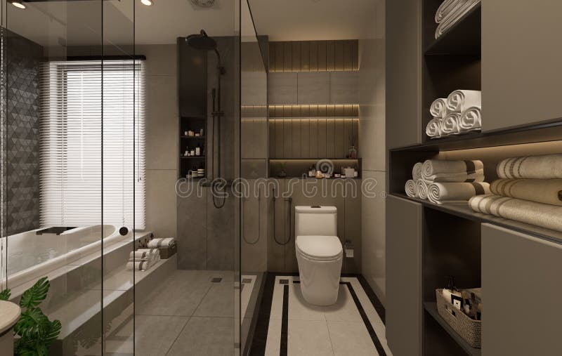 3D Rendering Modern Master Bathroom Full Scene Interior Design. Stock Illustration ...
