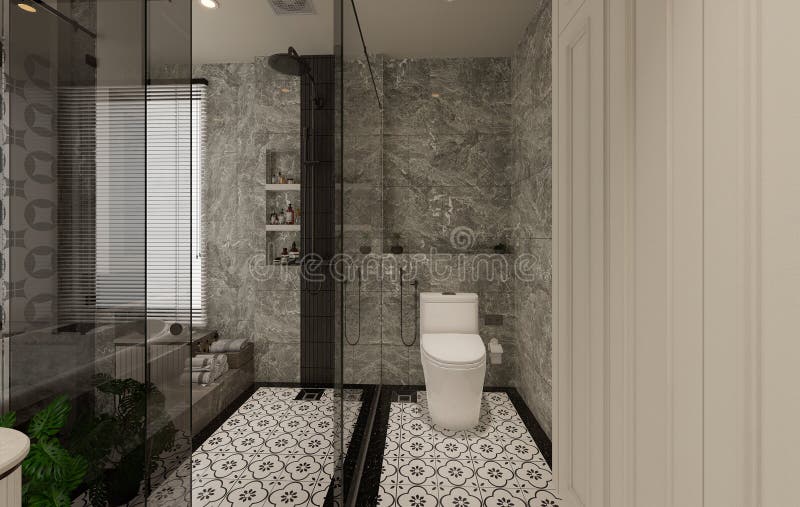 3D Rendering Modern Master Bathroom Full Scene Interior Design. Stock ...
