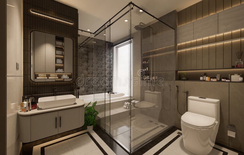 3D Rendering Modern Master Bathroom Full Scene Interior Design. Stock Illustration ...