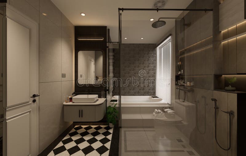 3D Rendering Modern Master Bathroom Full Scene Interior Design. Stock ...