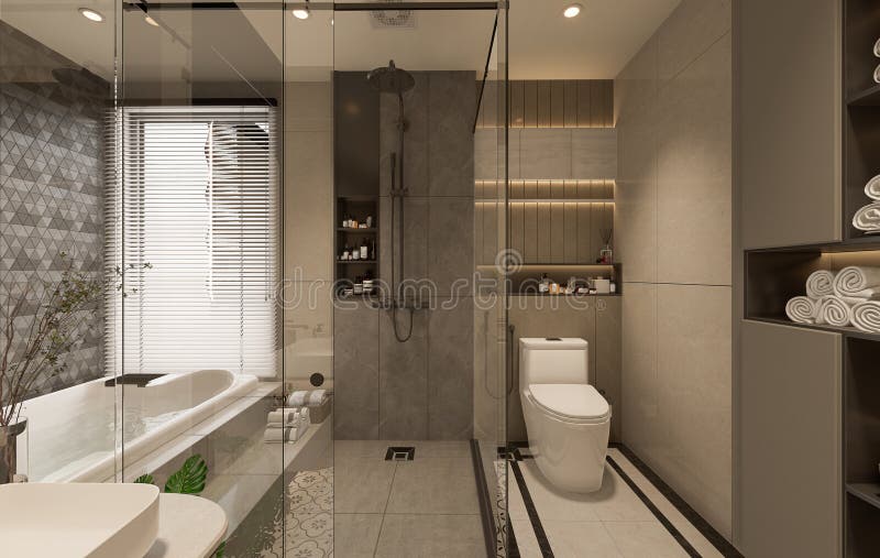 3D Rendering Modern Master Bathroom Full Scene Interior Design. Stock ...