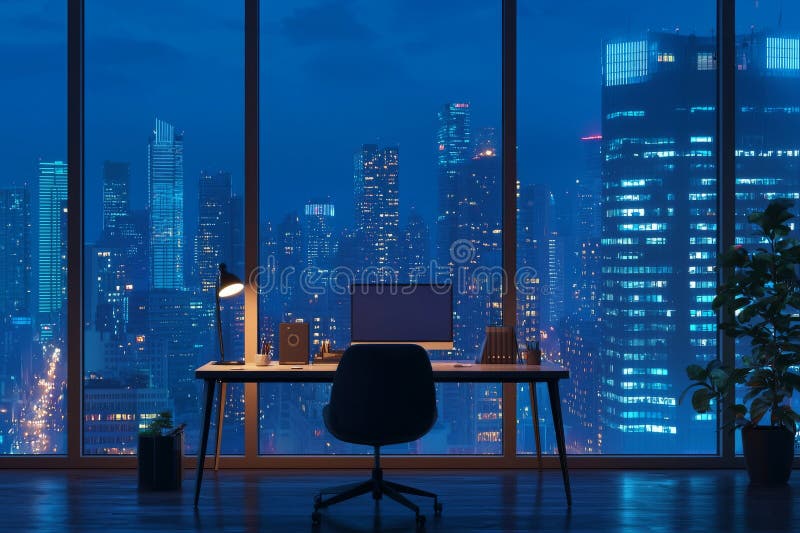 3D Rendering of a Modern Office Interior at Night with a City View ...