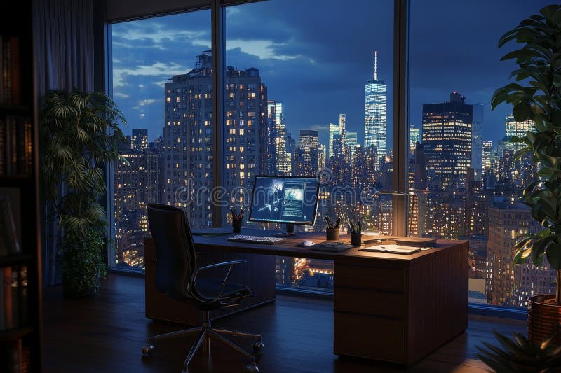 3D Rendering of Modern Office Interior with Panoramic Night City View ...