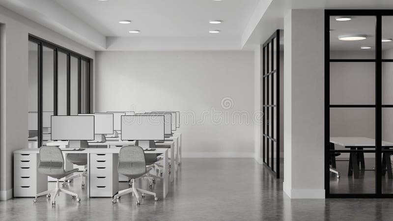 3D Rendering of a Modern Office Interior with a Lot of Computer Monitors AI Generated Stock ...