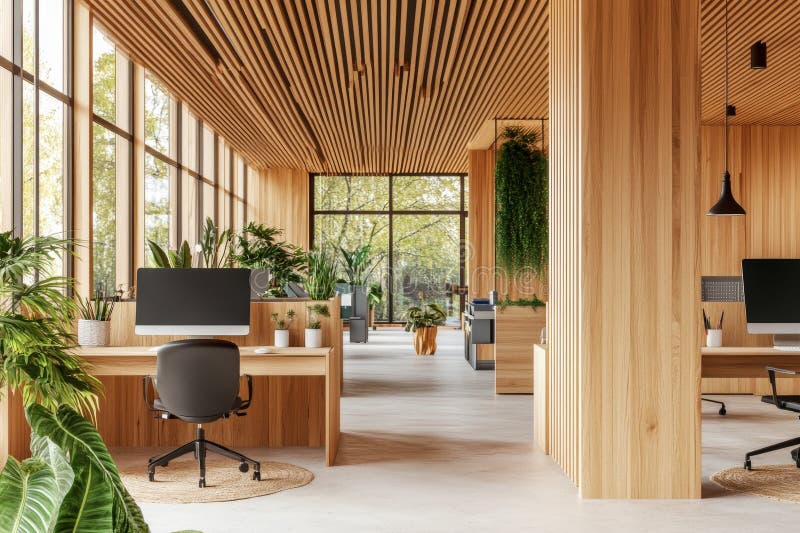 3D Rendering of a Modern Office Interior with Wooden Walls and Ceilings ...