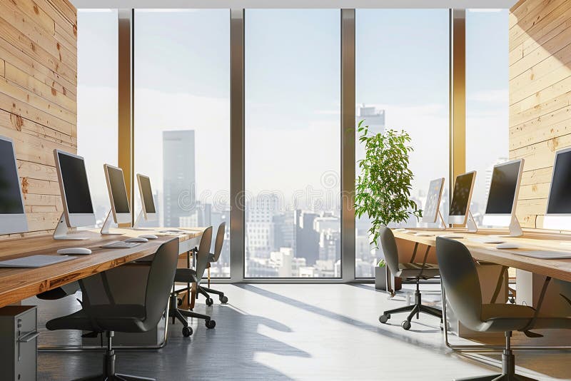3D Rendering of Modern Office Room with Desktop Computers Stock ...