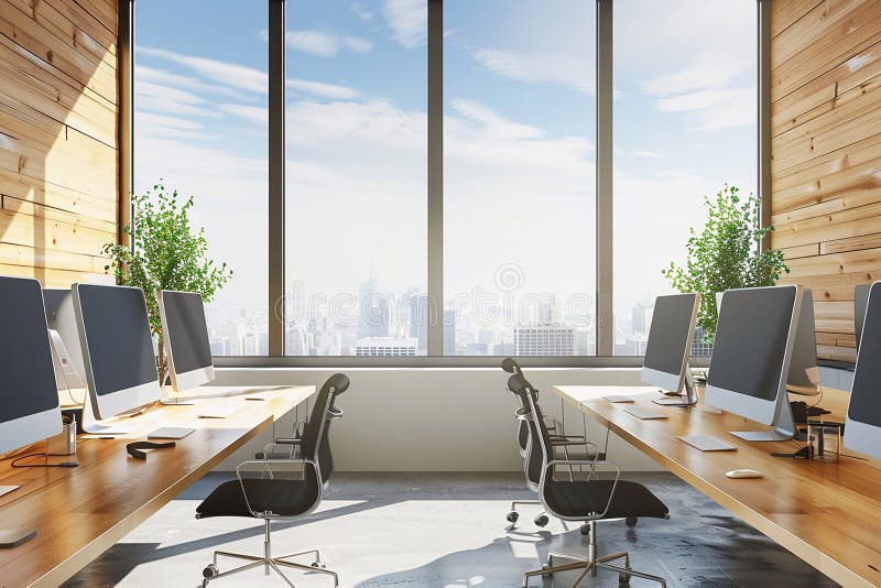 3D Rendering of Modern Office Room with Desktop Computers Stock ...