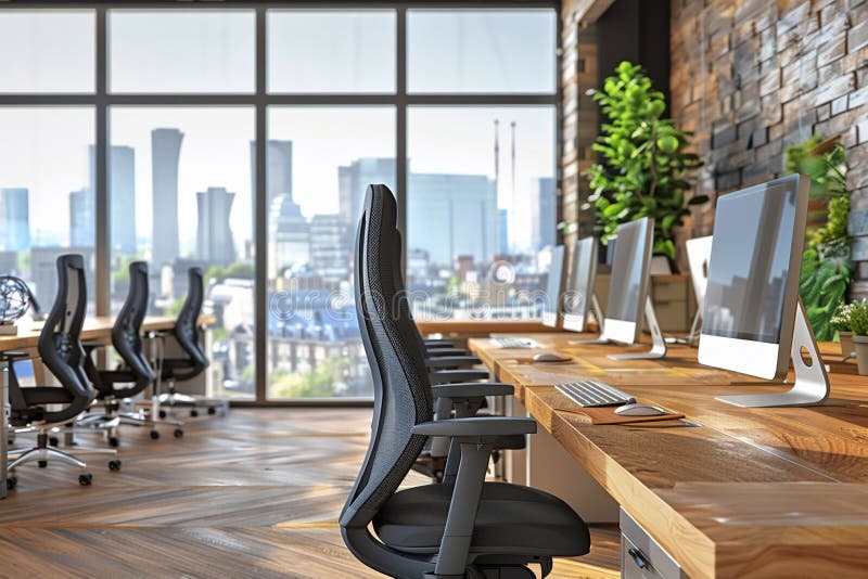 3D Rendering of Modern Office Room with Desktop Computers Stock ...