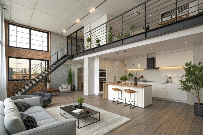3D Rendering Modern Open Living Space with Kitchen Stock Illustration - Illustration of duplex ...
